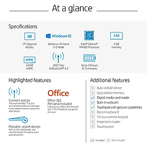 HP Stream 14-inch Laptop, Intel Celeron N4000, 4 GB RAM, 64 GB eMMC, Windows 10 Home in S Mode (14-cb159nr, Jet Black) (Renewed)
