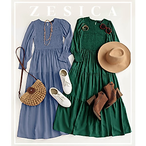 ZESICA Women's Casual Long Sleeve Crew Neck High Waist Smocked Flowy Tiered Midi Dress,DarkGreen,Large