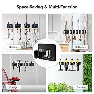 HOMEASY Mop Broom Holder No Drill SUS304 Stainless Steel, Mop Broom Organizer Wall Mounted Heavy Duty with Hooks Hanger, Self Adhesive Stainless Steel 4Pcs for Bathroom, Kitchen, Office