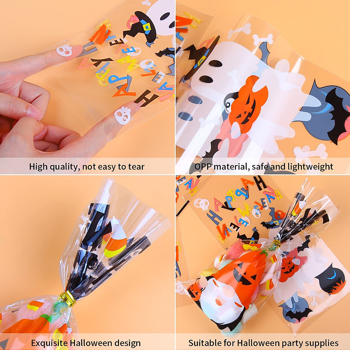 STEFORD 120PCS Halloween Cellophane Treat bags,Halloween Clear Cellophane Trick or Treat Candy Gift Cookie Bags with Twists for Halloween Party Favors Supplies