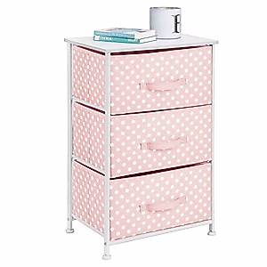 mDesign Storage Dresser End/Side Table Night Stand Tower Unit with 3 Removable Fabric Drawers - Organizer for Baby, Kid, and Teen Bedroom, Nursery, Playroom, or Dorm, Pink/White Polka Dot