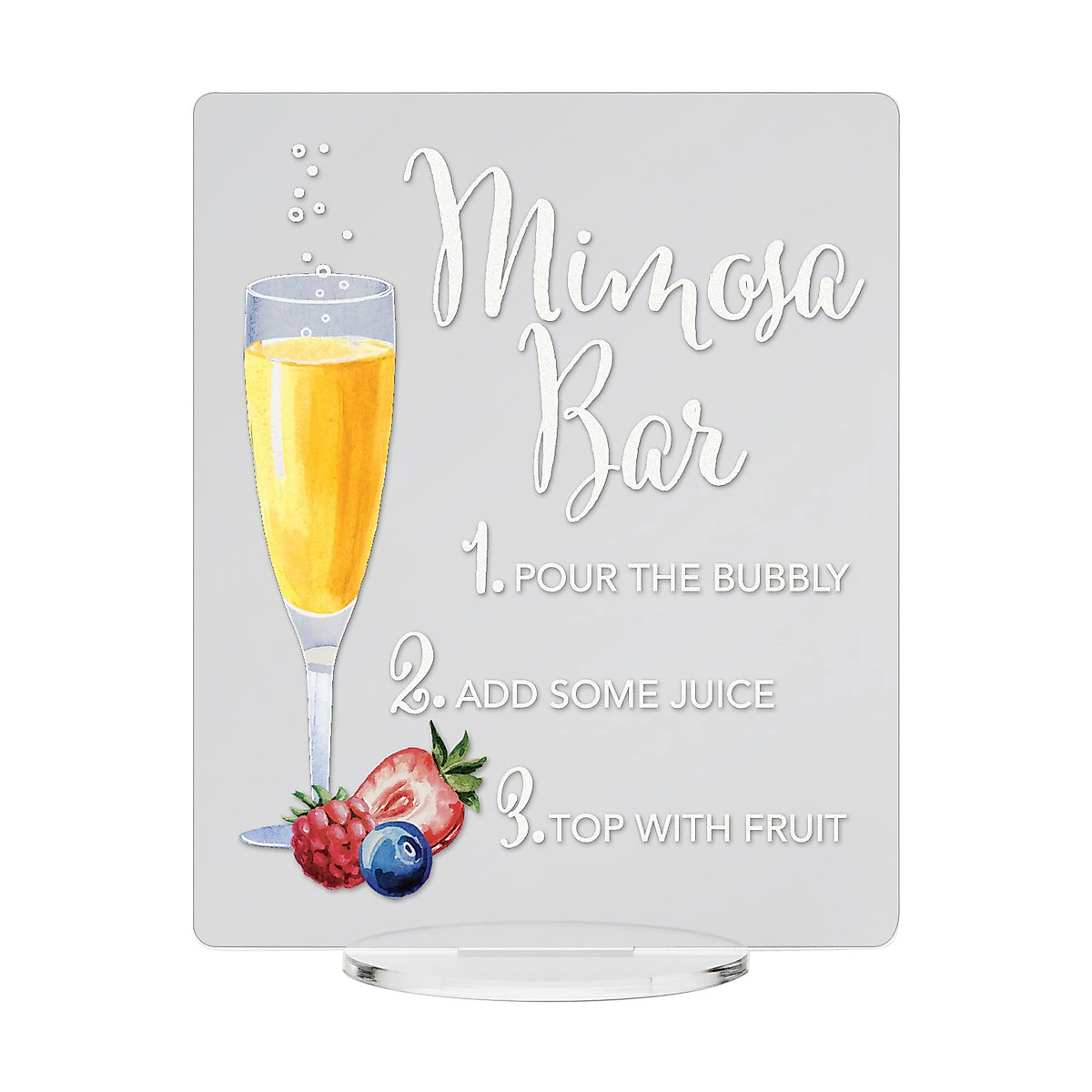 Mimosa Bar with Strawberries and Blueberries, Open Bar Wedding Bar Menu Sign and Cocktail Bar Sign for wedding and special events.