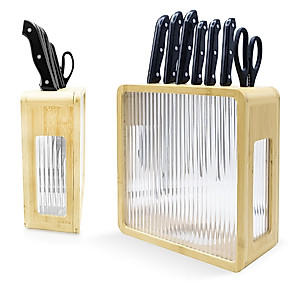 MinBoo Universal Knife Holder Bamboo Knife Storage Stand Knife Block Storage Stand Kitchen Counter Knife Block Holder without Knives Detachable Easy Cleaning