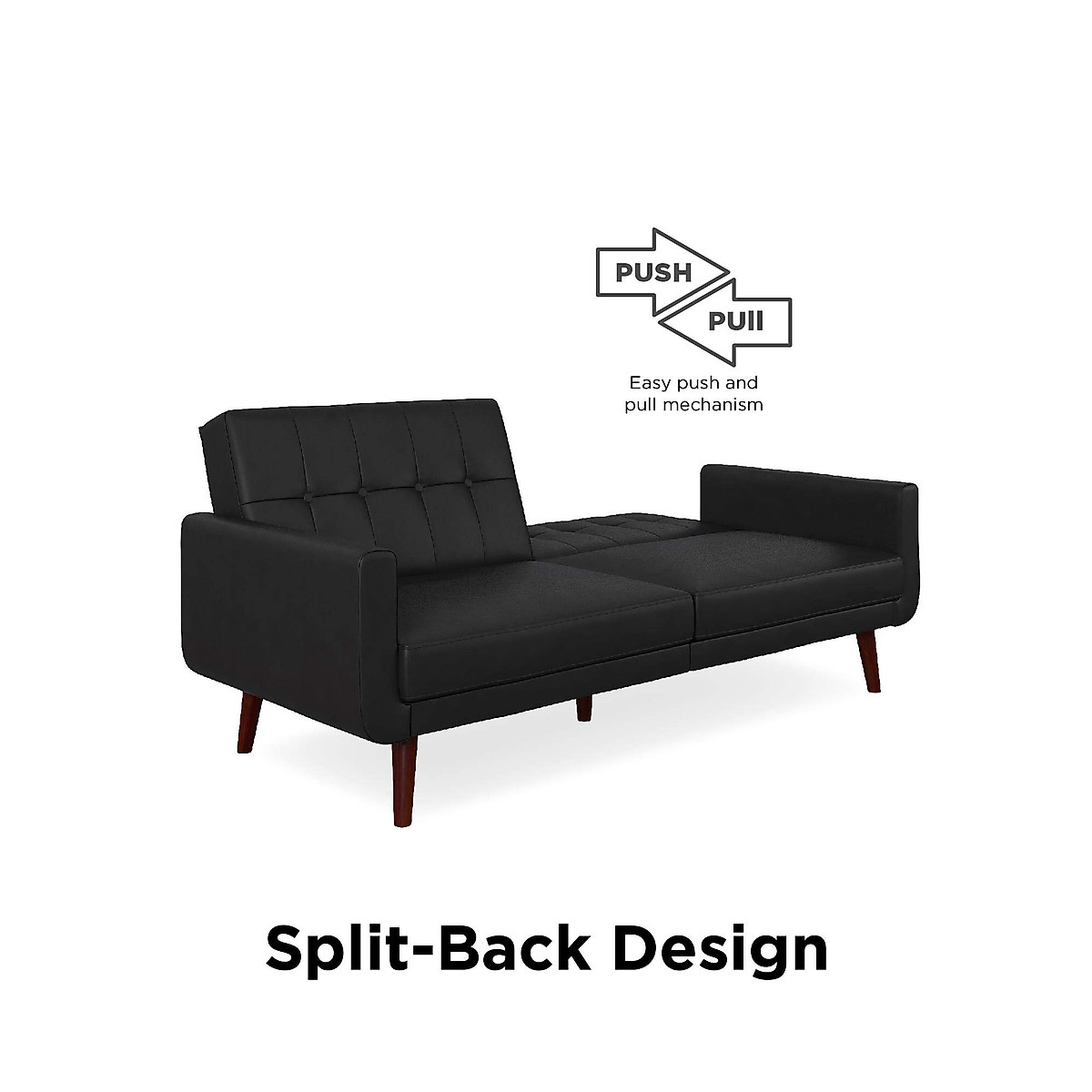 DHP Nia 79 Inch Futon Sofa Bed in Faux Leather, Upholstered Couch Sleeper with Button Tufted Back, Mid-Century Modern, Black