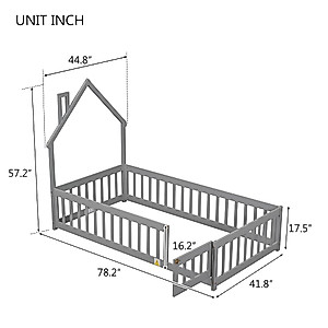 LostCat Twin Size Floor Bed Frame with Fence & Door, Montessori Floor Bed with House-Shaped Headboard, Montessori Bed for Kids Boys Girls, Easy Assembly, Grey