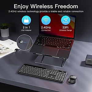 Wireless Keyboard and Mouse Combo, Soueto 2.4G Full-Sized Computer Keyboard with Phone Tablet Holder, 22 Multimedia Shortcuts, Numeric Keypad, 6 Button Silent Mouse for Windows, Mac (Space Black)