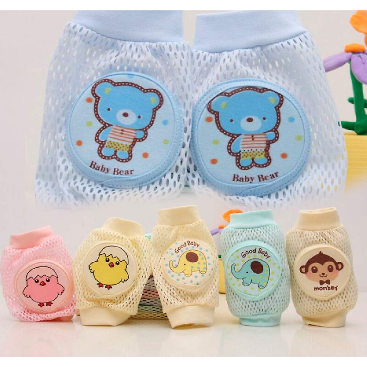 Hillento 4 Pairs Baby Crawling Knee Pads Super Breathable Adjustable Cartoon Kneepads Knee Elbow Pads Arm Pads Safety Protector Toddler Girls and Boys