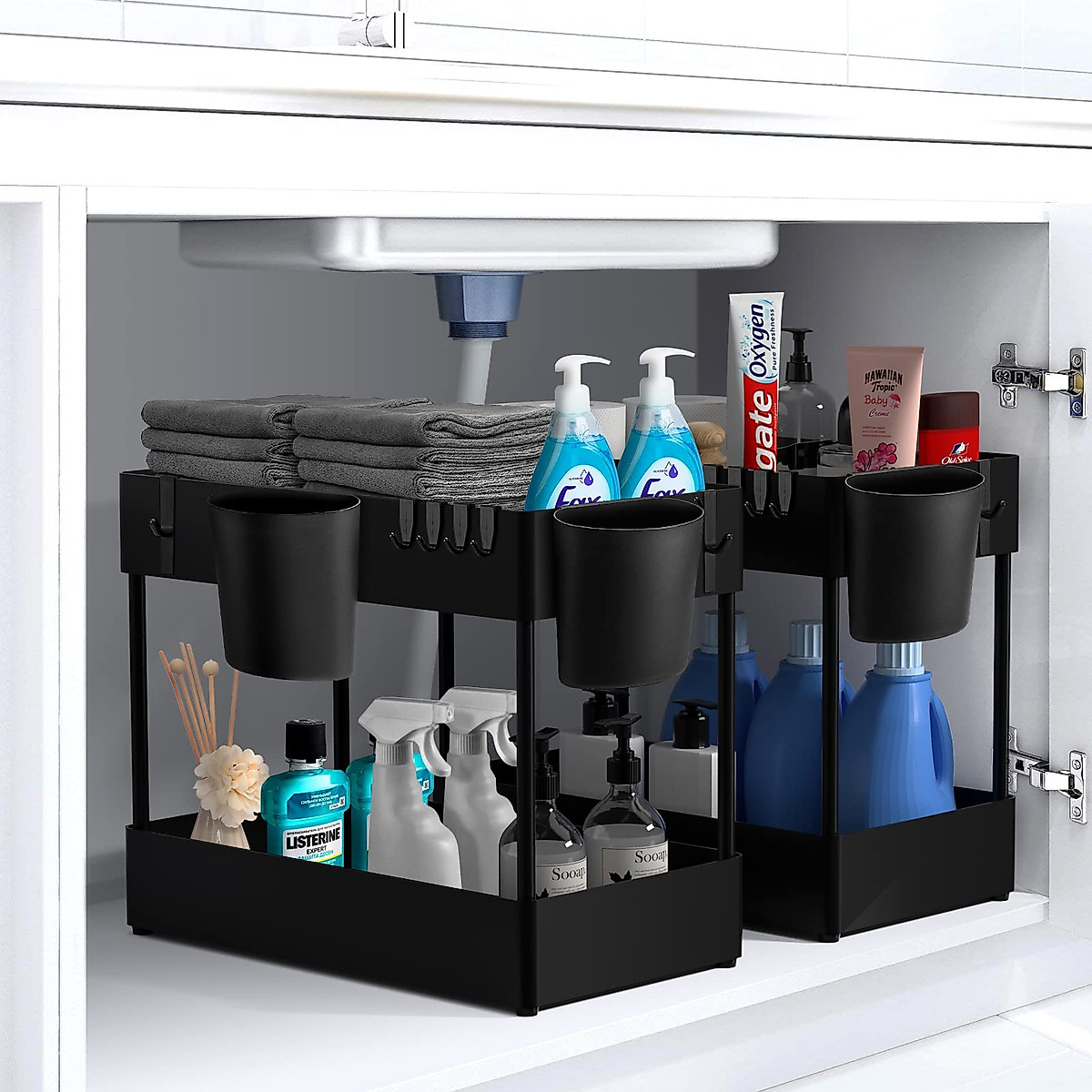BlumWay 2 Pack Under Sink Organizers and Storage, 2 Tier Sliding Bathroom Cabinet Organizer, Multi-purpose Under Kitchen Sink Shelf with Hooks, for Bathroom/Kitchen Countertop