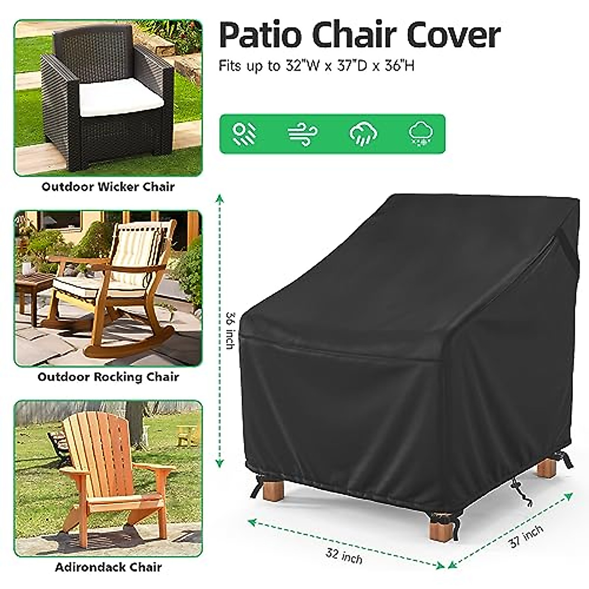MR. COVER Outdoor Chair Covers, Patio Furniture Covers Waterproof & UV-Protection, Fits up to 32W x 37D x 36H Inches, with Air Vent and Handles, Black, 2 Pack