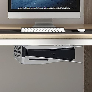 Under Desk Mount for PS5 No Drill, Chanvoo Aluminum Under Desk Mount Holder for Playstation 5 Disc & Digital Edition with Adhesive (Silver)