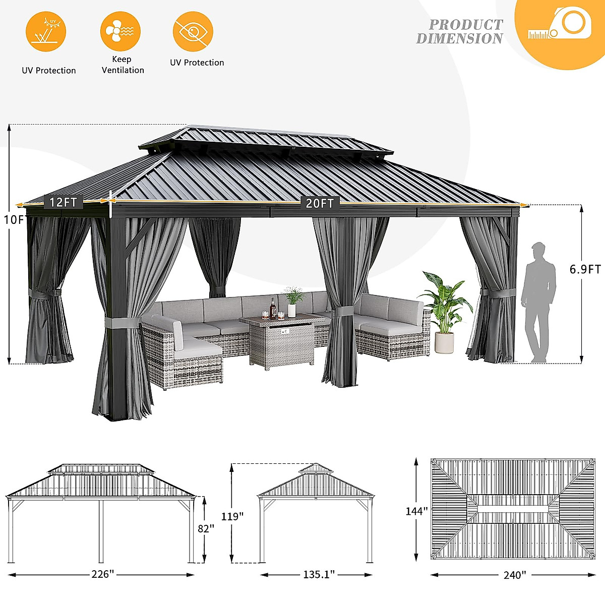 Jolydale 12FT×20FT Hardtop Aluminum Gazebo, Outdoor Metal Frame Canopy with Mosquito Net and Privacy Sidewalls,for Patio, Backyard, Large Size