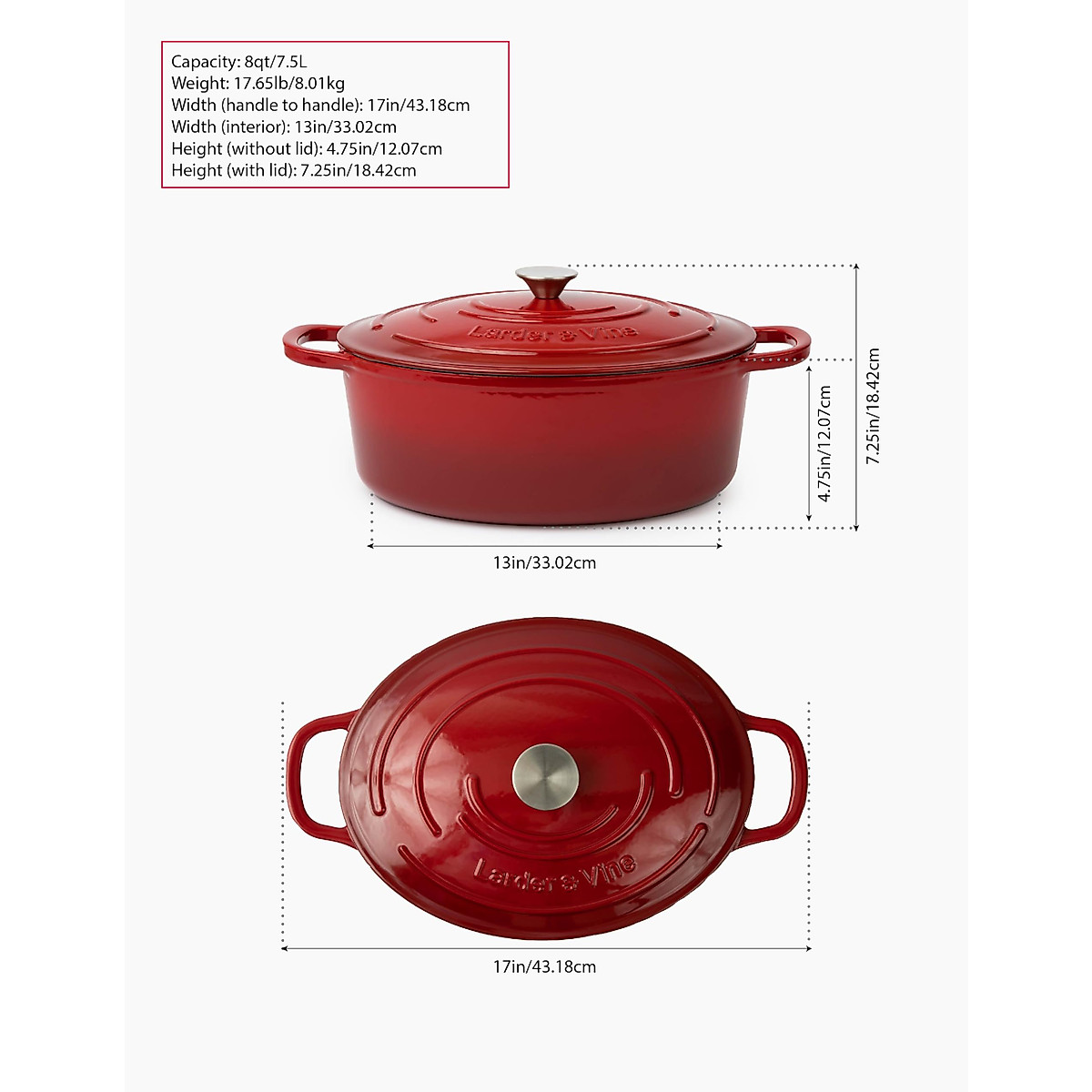 Larder & Vine Enameled Cast Iron Dutch Oven with Lid - Oversized Handles, Dome Lid, Dutch Oven for Sourdough Bread Making, 8QT/7.5L - (Cabernet)