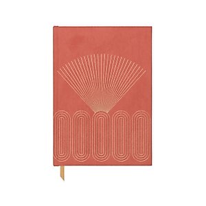 DesignWorks Ink Suede Cloth Hardcover Journal Notebook with Lined Pages, Ribbon Bookmark, and Storage Pocket for Work, Writing, Journaling - Terracotta Journal with Gold Radiant Rays Design 5.75" x 8.125"