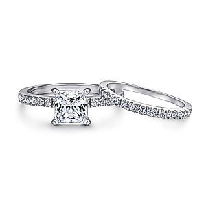 Princess Cut Wedding Ring Sets for Women Bridal Sets Engagement Ring Set with 1-1/2 Carat(ctw) Moissanite 925 Sterling Silver 10K 14K 18K Gold Free Engraving (925 Sterling Silver)