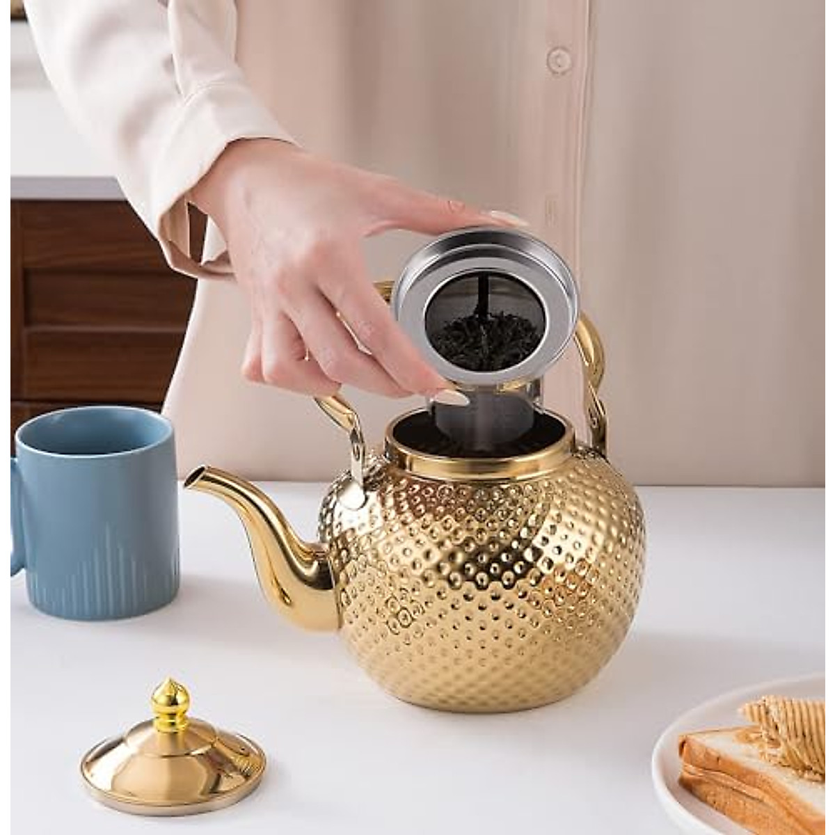 SANQIAHOME 2000ml teapot with Infuser stainless steel Water Boilers lifting handle Tea Maker Water Kettle for Induction/Gas gold
