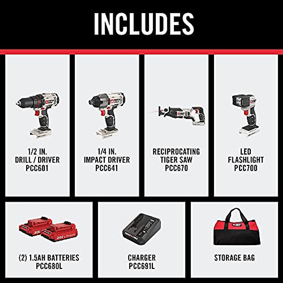 PORTER-CABLE 20V MAX* Cordless Drill Combo Kit, 4-Tool (PCCK615L4) , Grey