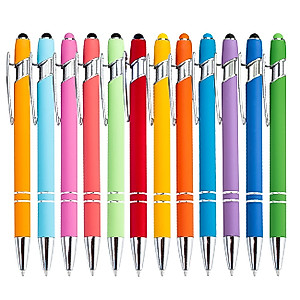 PASISIBICK 12 Pieces Rainbow Rubberized Soft Touch Ballpoint Pen with Stylus Tip, Stylish, Premium Metal Pen, Black Ink, Medium Point(Pack of 12)