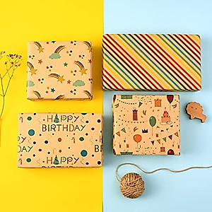 PlandRichW Birthday Wrapping Paper for Kids Girls Women Boys Men,12 Sheets Kraft Brown Recycled Gift Wrapping Paper 4 Styles of ''Happy Birthday'' Balloon Rainbow Stars Precut 20" X 29" Folded