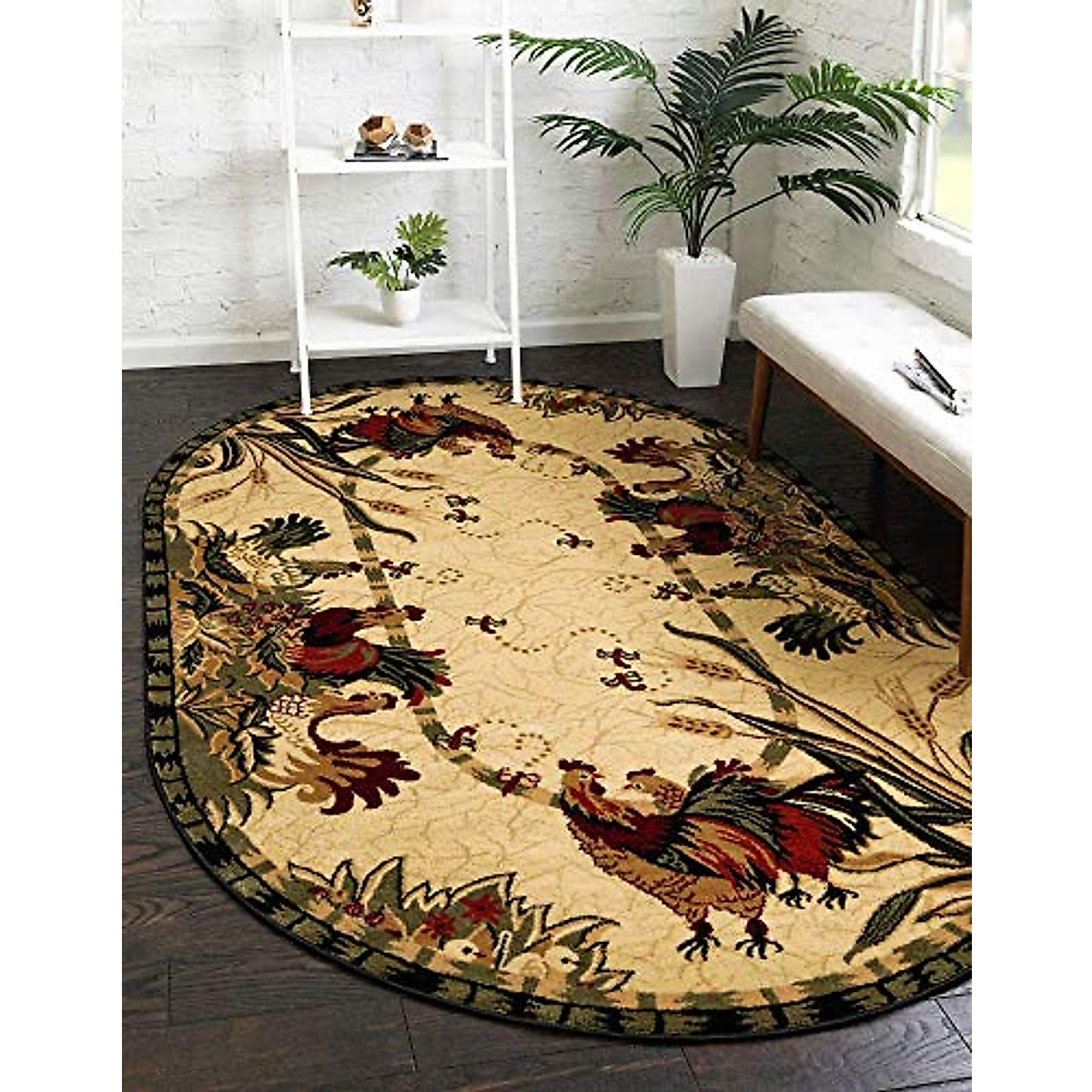 Unique Loom Barnyard Collection French Country Inspired Cottage Rooster Design Area Rug (3' 3 x 5' 3 Oval, Ivory/Olive)