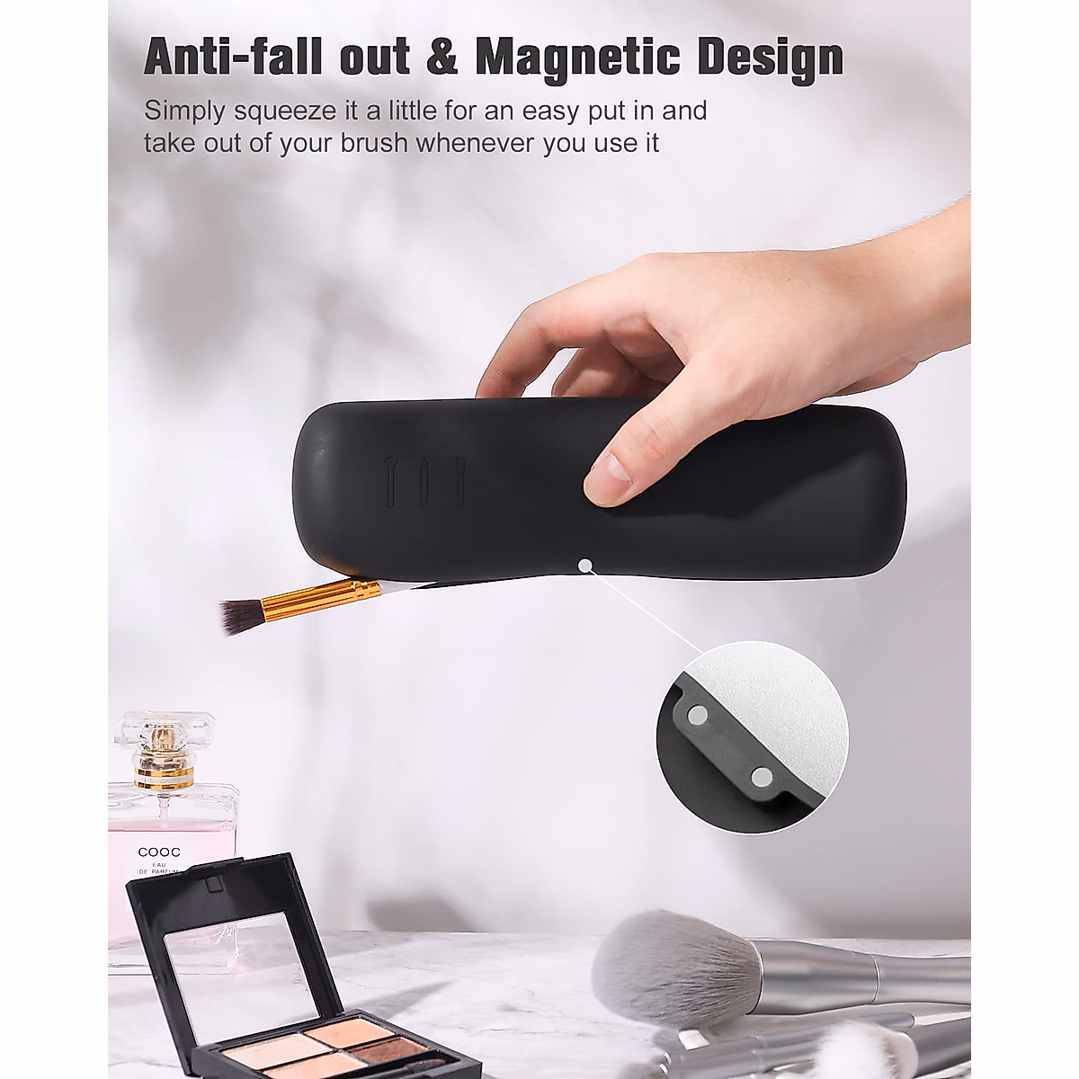 FERYES Large Travel Makeup Brush Holder, Magnetic Anti-fall Out Silicon Portable Cosmetic Face Brushes Holder, Soft and Sleek Makeup Tools Organizer for Travel- (8.27 * 2.36 * 1.57)