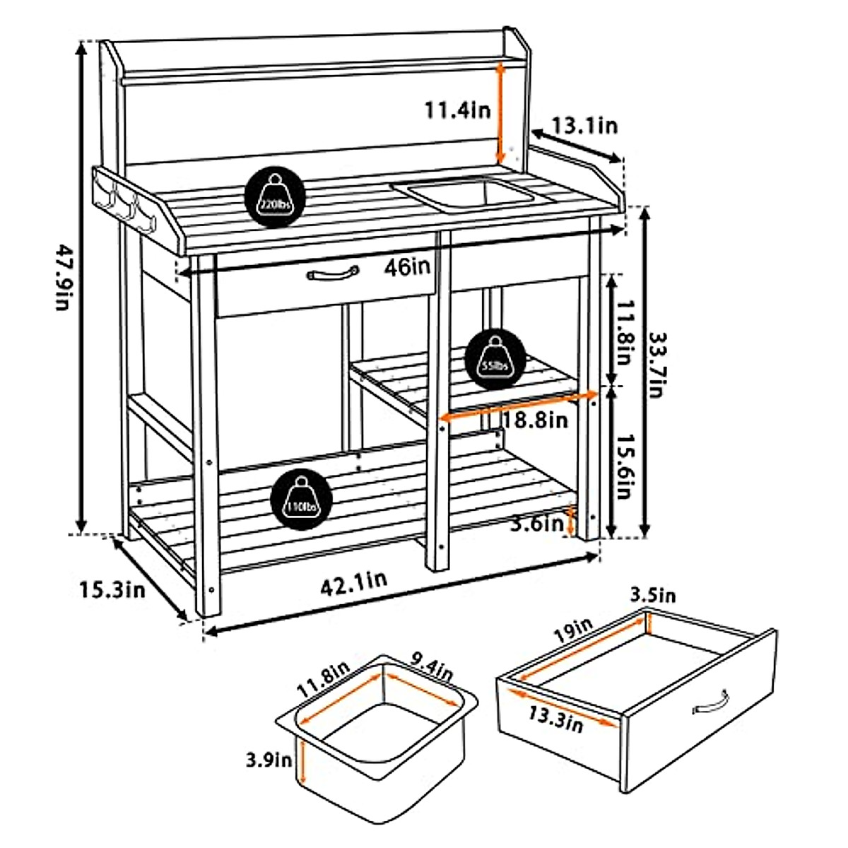 MUPATER Potting Bench Garden Table for Outdoors with Removable Stainless Sink, Planting Work Bench with Storage Shelves and Drawer, Natural Wood