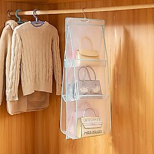 Hanging Purse Organizer MultiPurpose Handbag Storage Bag Dustproof Waterproof Closet Organization Bag DoubleSide 6 Pockets, Blue