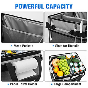 Feestars Large Grill Caddy with Lid and Paper Towel Holder for Picnic, Collapsible& Insulated BBQ Accessory Organizer, Easy Carry Griddle Caddy for Picnic/Barbecue Utensil/Camping/Tailgating