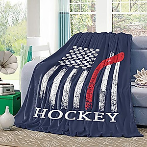 Winter Hockey Sport Soft Flannel Throw Blankets, America Flag Luxury Comfort Fleece Blanket for Teen/Man/Woman/Kid, Blue White Stripe 50x60in Cozy Warm Lightweight Bed Cover Sofa Couch Chair Decor