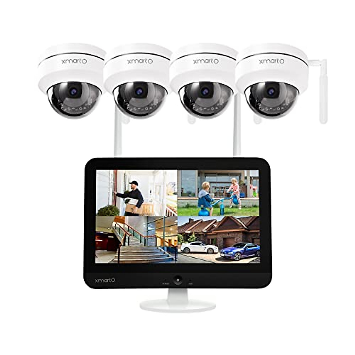 xmartO 2K HD Dome PTZ Wireless Security Camera with Auto Tracking and Audio. 4-Set 2K WiFi PTZ Camera Kit with 4k 10CH Expandable WiFi NVR Screen