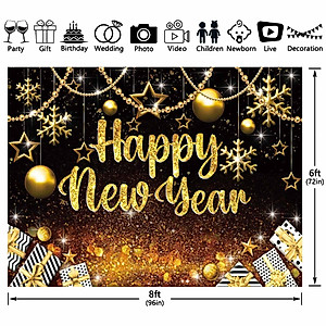 Swepuck 8x6ft Black and Gold Happy New Year Backdrop Hello 2025 Kiss Me at Midnight Photography Background Cheers to The New Year Eve Party Decoration Supplies Photo Booth Props