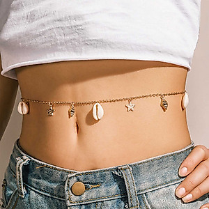 Sttiafay Boho Waist Body Chain Gold Shell Conch Star Belly Chain Sexy Beach Bikini Stomach Chain Body Accessories for Women Teen Girls