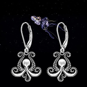 Octopus Earrings 925 Sterling Silver Tentacle Earrings Dangle Lever Back Retro Style Octopus Sea Kraken Nautical Ocean Halloween Gifts