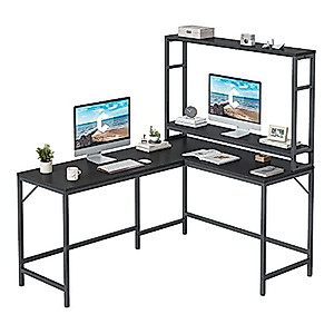 CubiCubi L Shaped Desk with Hutch, 59.1" Corner Computer Desk, Home Office Study Writing Desk Computer Workstation with Two Tier Bookshelf, Black