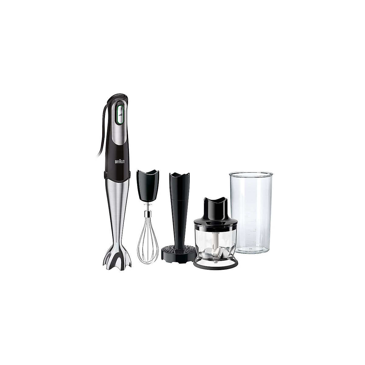Braun 4-in-1 Immersion Hand Blender, Powerful 400W Stainless Steel Stick Blender, Variable Speed + 1.5-Cup Food Processor, Masher, Whisk, Beaker, Easy to Clean, MultiQuick MQ727