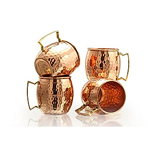 (Gift Set) Pure Copper Hammered Mugs with Copper Straws & Wooden Coasters Set of 4 - PREMIUM QUALITY -16 Oz Copper Cups - 100% Handcrafted - A Gift Pack for your loved Ones