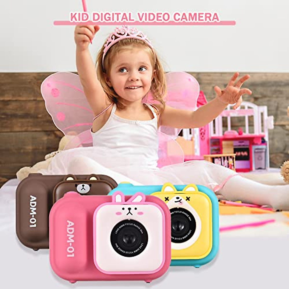 Andoer 1080P Kids Digital Camera Mini Video Camera for Kids 48MP 2.4 Inch IPS Screen Dual Lens Built-in Battery with 32GB Memory Card & Card Reader & Desktop Tripod Birthday Blue