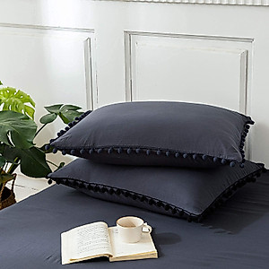 Navy Blue Pom Poms Pillowcases, Dark Blue Standard Queen 20x30 Inches Pillowcases Set of 2, 100% Washed Microfiber, Navy Fringe Pillow Shams, 2 Pack (Standard, Navy Blue)