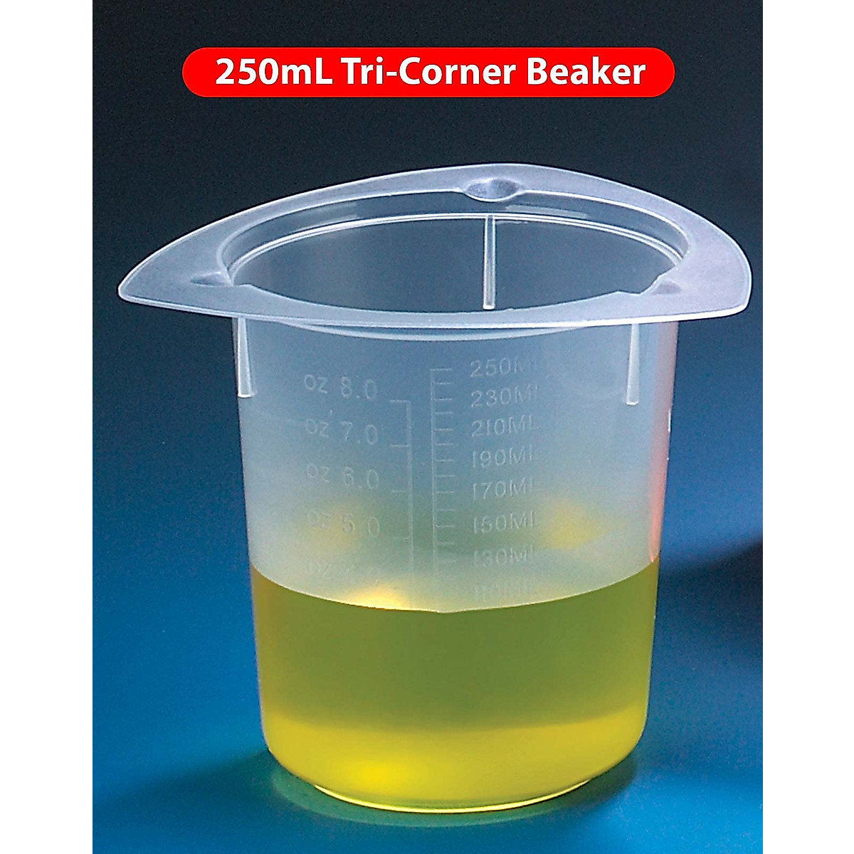 Globe Scientific 3642 Clarified Polypropylene Three Corner Graduated Beaker, Economy Style, 250mL Capacity, Pack of 100