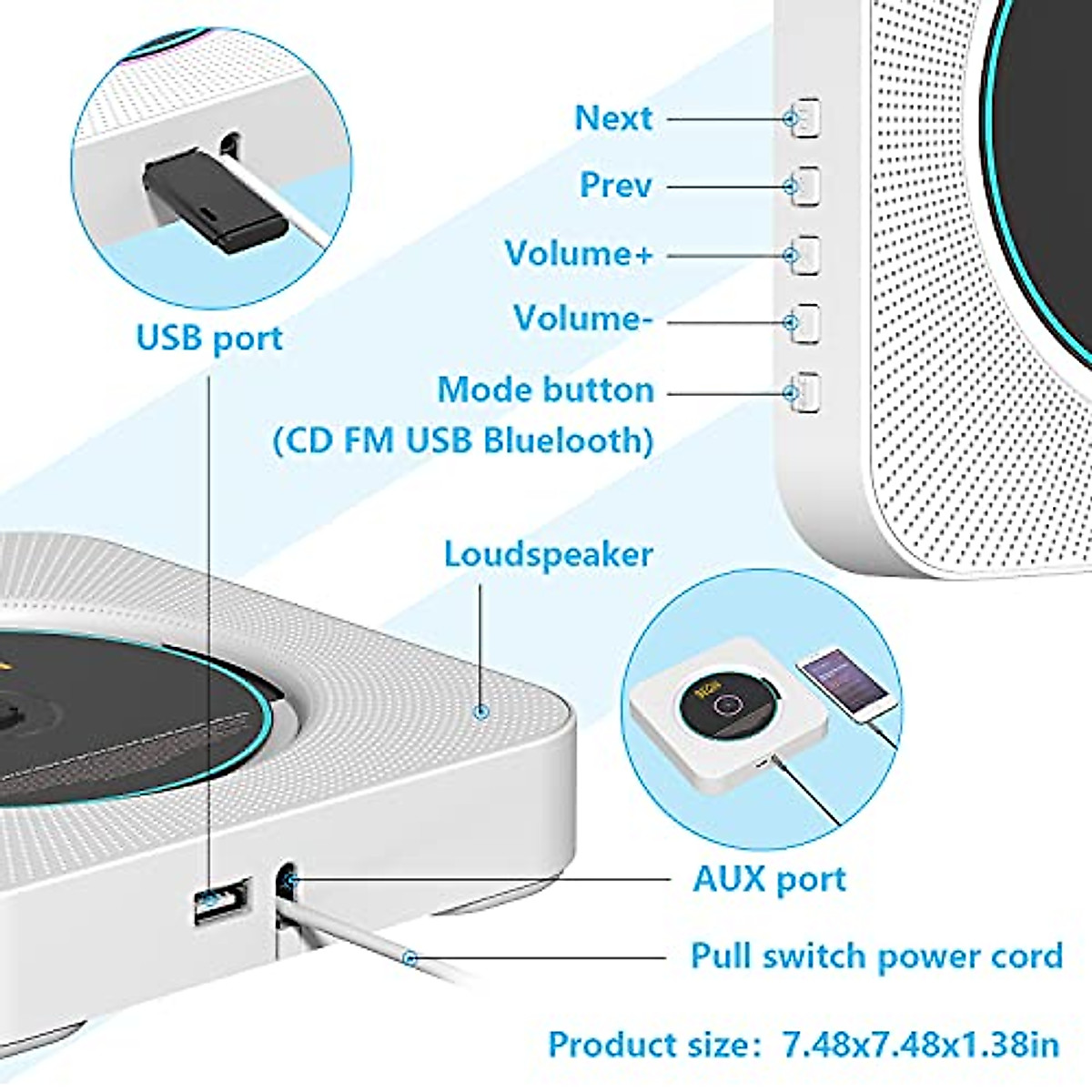 AONCO Portable CD Player,Bluetooth Wall-Mounted CD Music Player Home Audio Speaker,with Remote Control FM Radio Built-in HiFi Speaker,MP3 Headphone Jack Aux Out,White