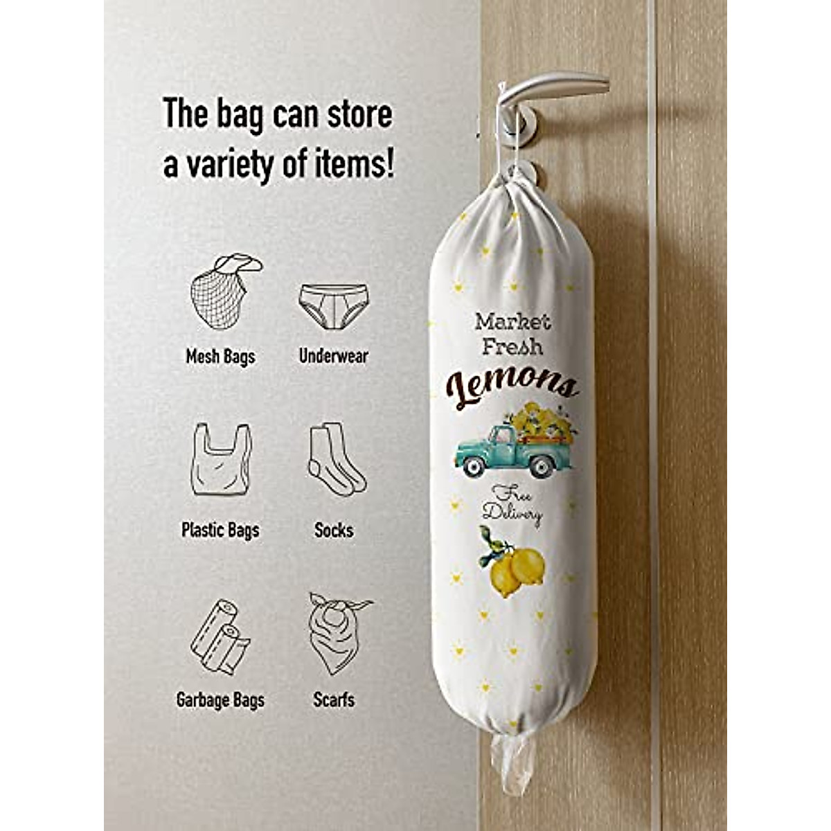 Hglian Farmhouse Grocery Plastic Bag Holder Dispenser Cute Market Fresh Lemons Buffalo Check Truck Shopping Trash bags Storage Container Organizer Lemons Kitchen Decor Yellow Blue