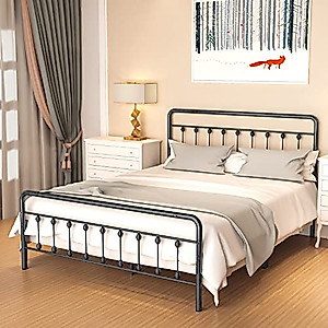 Noillats Metal Bed Frame Queen Size with Vintage Headboard and Footboard, Premium Stable Steel Slat Support Mattress Foundation, No Box Spring Needed and Easy Assembly, Dark Grey