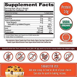 Organic Protein Powder Plant-Based (Creamy Chocolate Fudge) by MaryRuth's Vegan, Gluten Free, Non-GMO, Soy Free, Dairy Free, Nut Free, No Fillers, No Additives, Paleo Friendly 14.8 oz for Men & Women