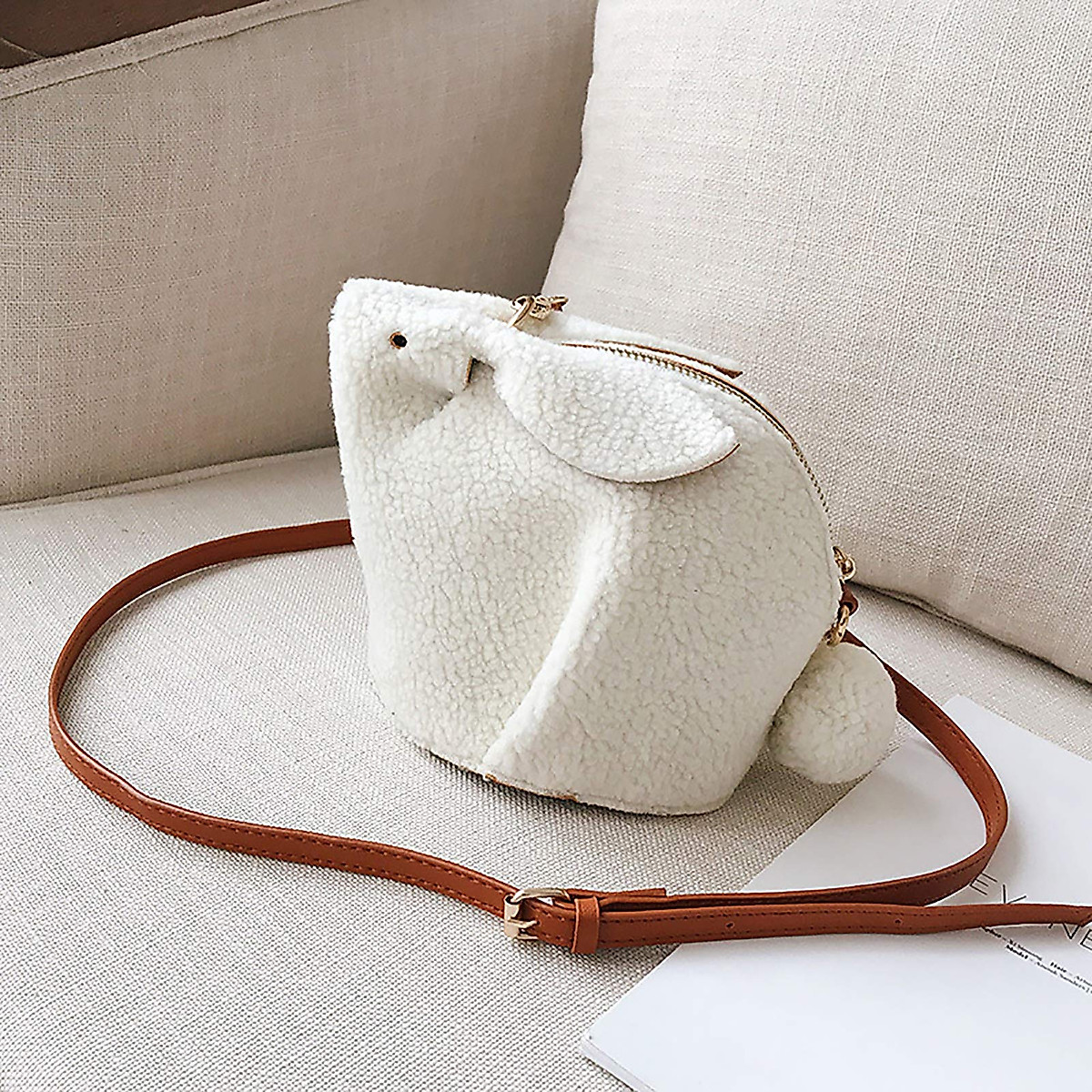 QZUnique Rabbit Shape Handbag Women's Lovely Plush Toy Crossbody Bag Rope Strap Shoulder Bag