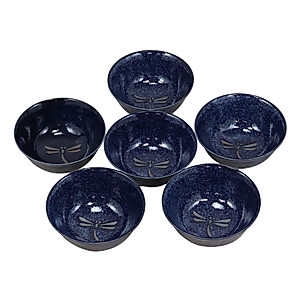 Ebros Gift Made in Japan Blue Tombo Dragonfly Design Ochawan Rice Soup Porcelain Bowls Set of 6 Home Decor Japanese Zen Fusion Asian Living Accent Housewarming Birthday Gifts Bowl Set