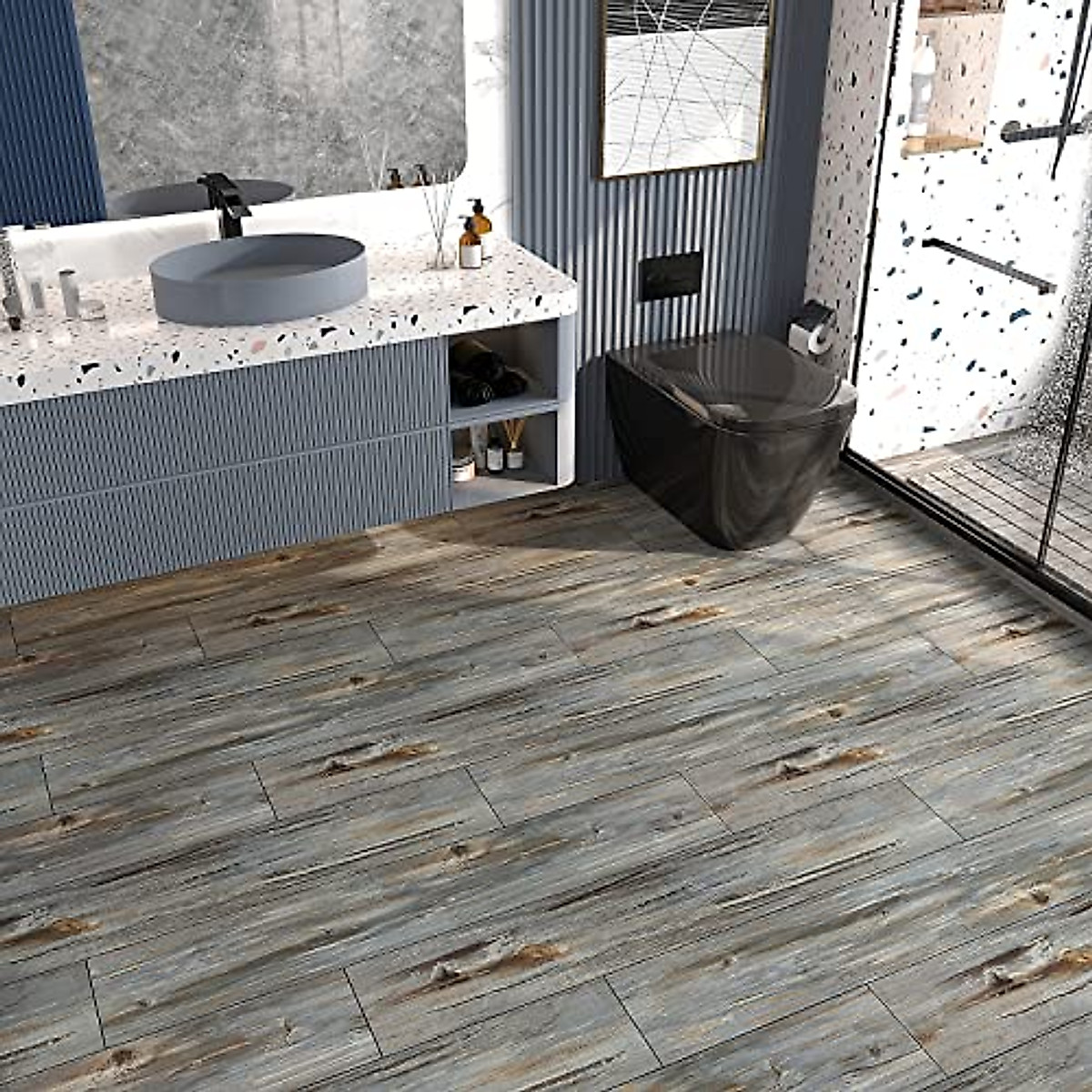 VEELIKE 12-Pack 6''x36'' Blue Reclaimed Wood Vinyl Flooring Peel and Stick Waterproof Wood Look Vinyl Plank Flooring Self Adhesive Renter Friendly Floor Stickers for Bathroom Bedroom Kitchen Basement