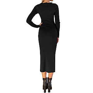 PRETTYGARDEN Women's Sweater Dress Ribbed Long Sleeve Knitted Slit Midi Dress for Women V Neck Bodycon Wrap Dress (Black, X-Large)