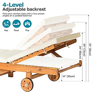 Panana Acacia Wood Chaise Lounge Patio Outdoor Folding Lounge Chair Recliner Portable Sun Lounger with Adjustable Backrest, Wheels, Cushion for Garden Poolside Deck