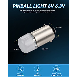 Keiurot 755 Bulb Ge44 47 Bulb 756 1893 1895 1847 BA9S Led Bulb DC AC 6.3V 6V for Pinball Led Bulbs Pinball Machine Light Bulb Lamp White Pack of 10