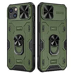 VEGO for iPhone 13 Case, iPhone 14 Kickstand Case with Slide Lens Cover, Built-in 360° Rotate Ring Stand Magnetic Car Mount Cover Case for iPhone 14 iPhone 13 6.1 inch 2021 - Green