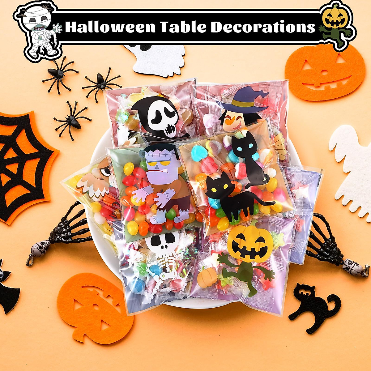 Joottuan 320 Pcs Halloween Cellophane Treat Bags Clear Self Adhesive Plastic Cookie Bags Candy Bags for Party Favors Supplies Decoration